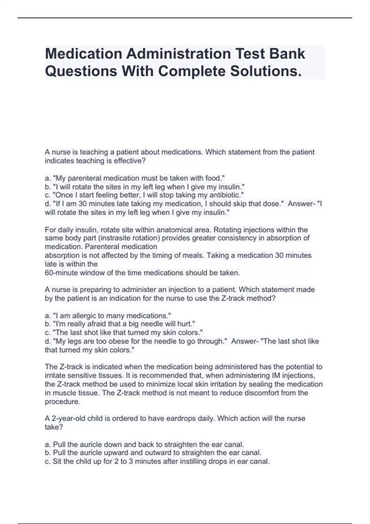 Medication Administration Test Bank Questions With Complete Solutions ...