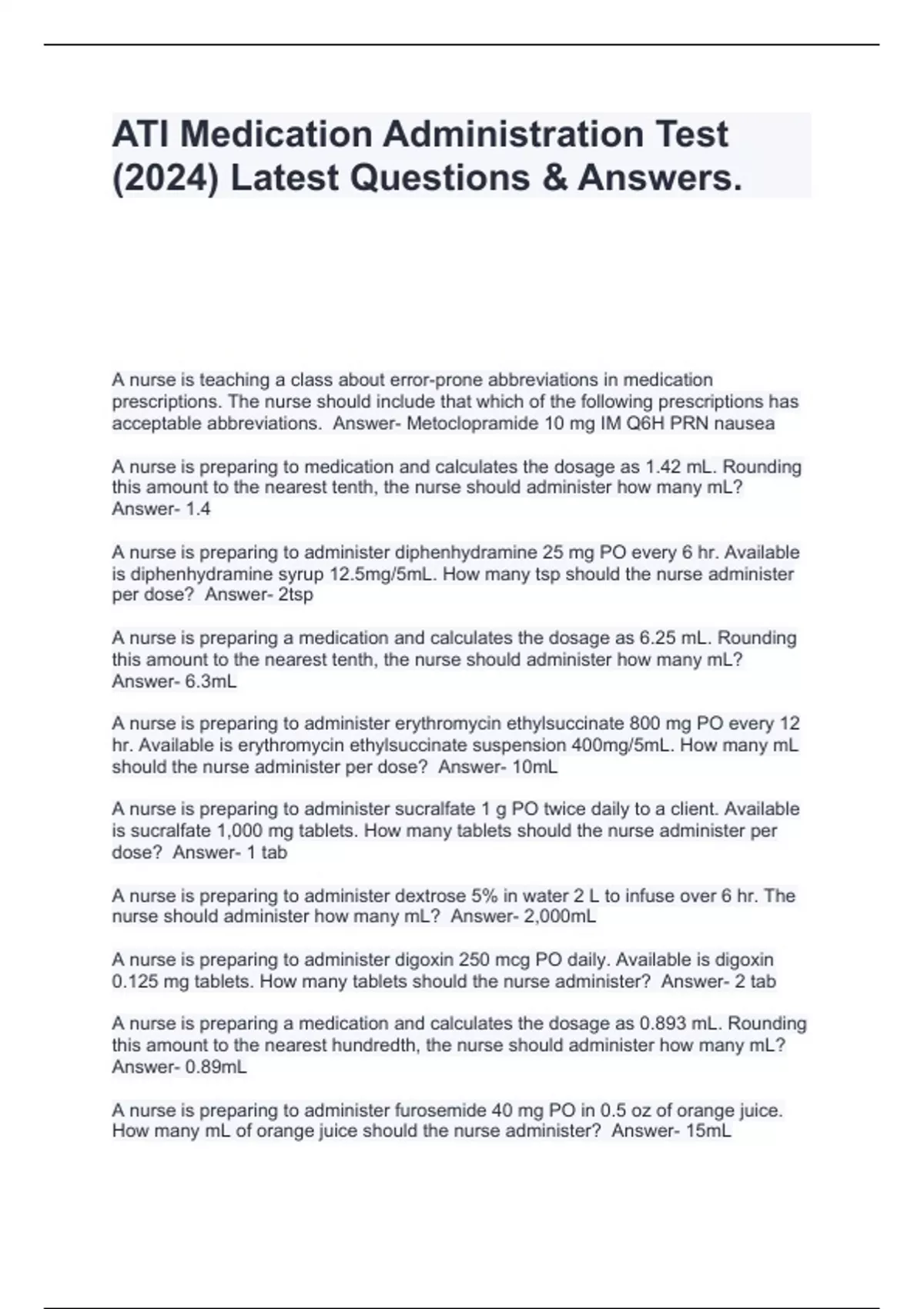 ATI Medication Administration Test (2024) Latest Questions & Answers ...