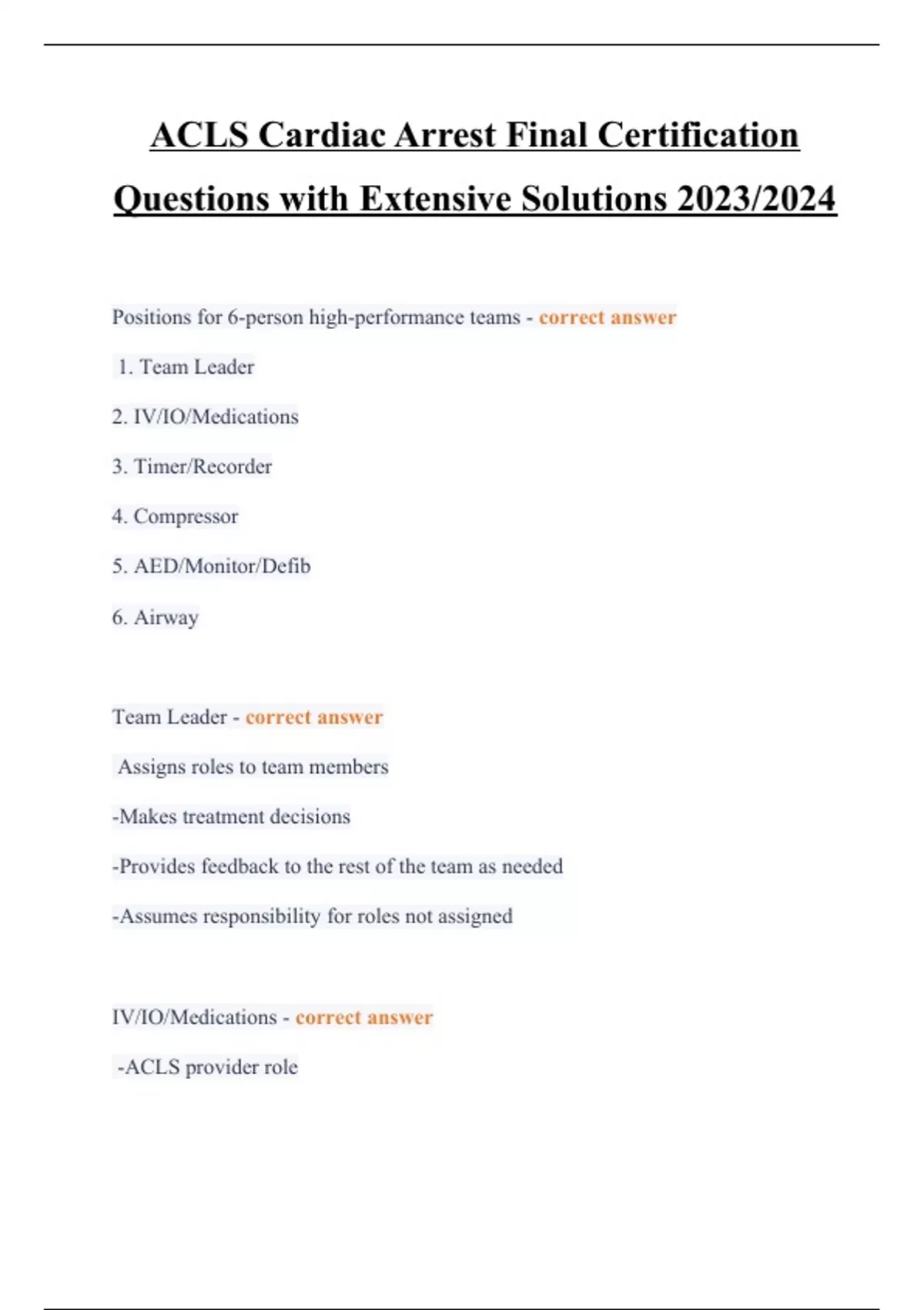 ACLS Cardiac Arrest Final Certification Questions with Extensive ...