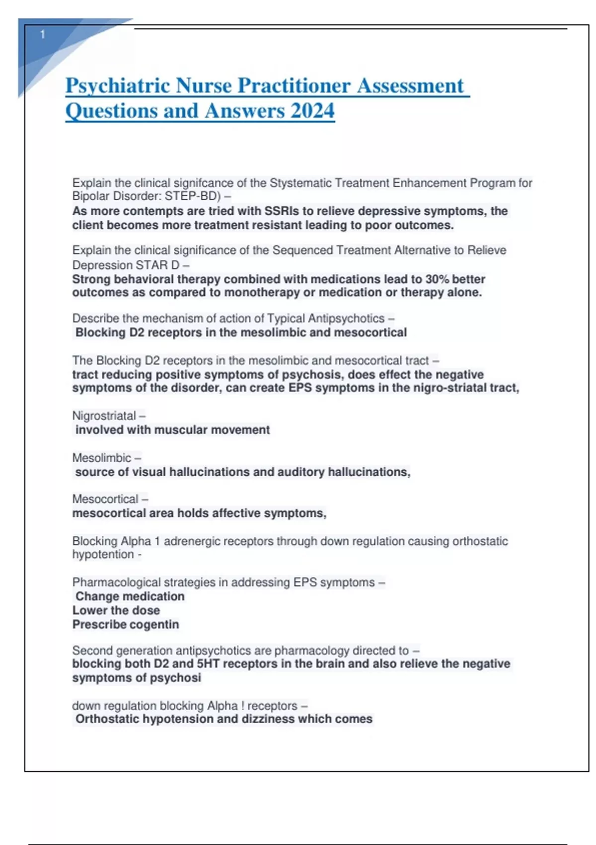 Psychiatric Nurse Practitioner Assessment Questions and Answers 2024 ...