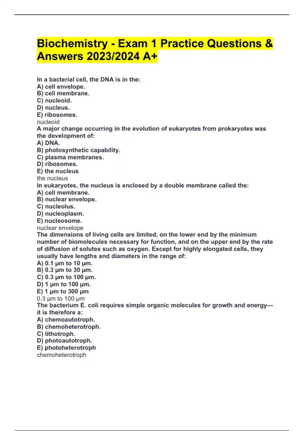 Biochemistry - Exam 1 Practice Questions & Answers 2023/2024 A+ ...