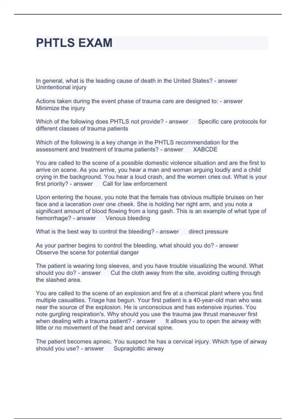 PHTLS EXAM QUESTIONS WITH COMPLETE SOLUTIONS 2024 - Phtls - Stuvia US