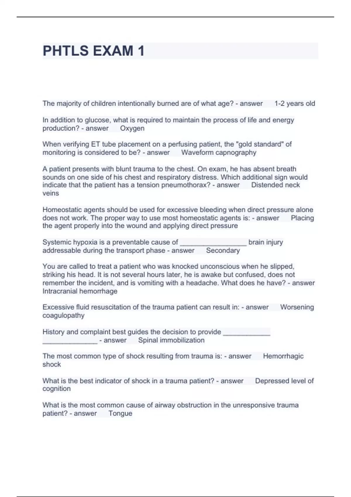 PHTLS EXAM 1 QUESTIONS AND ANSWERS 2024 - Phtls - Stuvia US