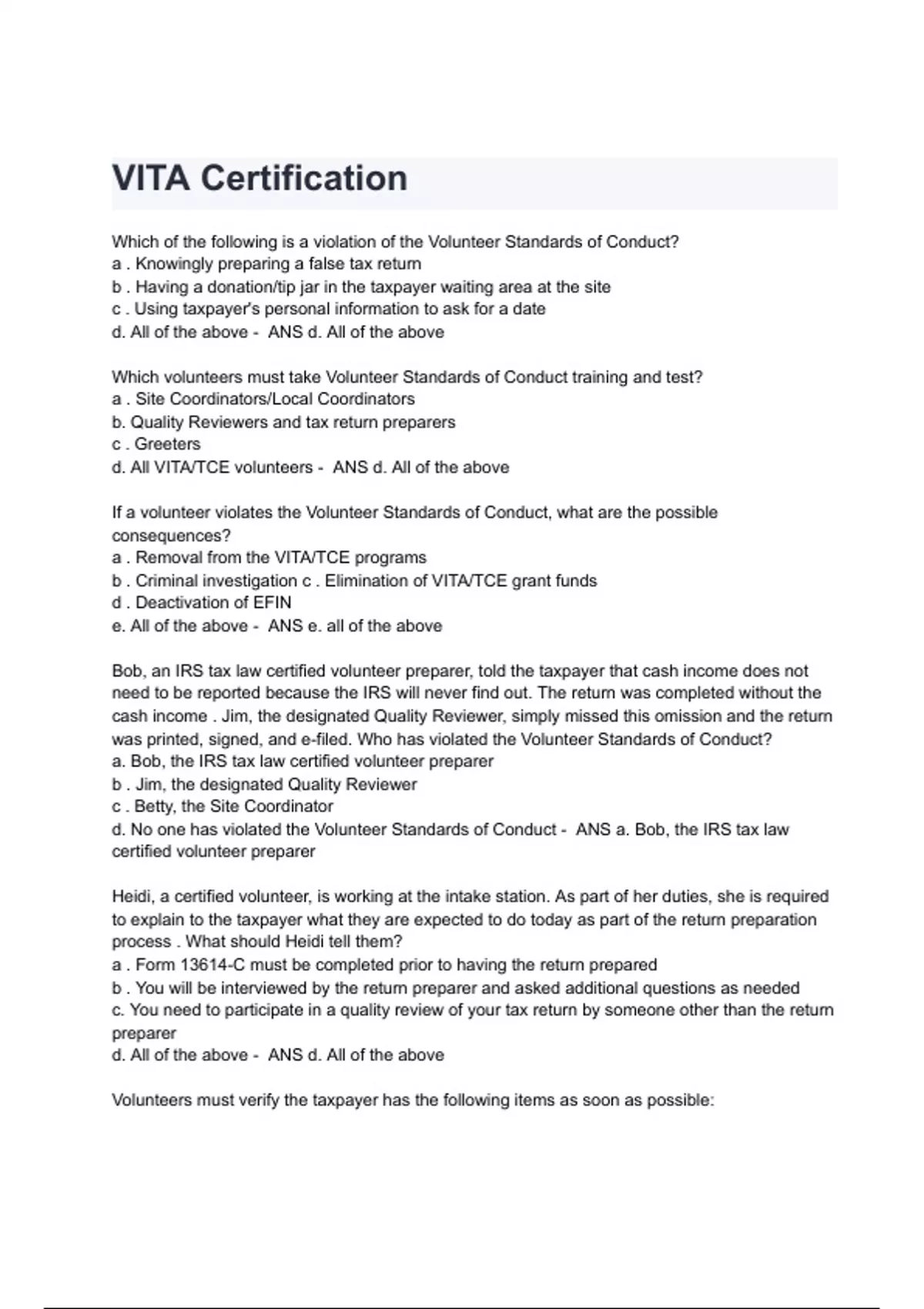 VITA Certification Exam Questions with correct Answers 2024( A+ GRADED ...