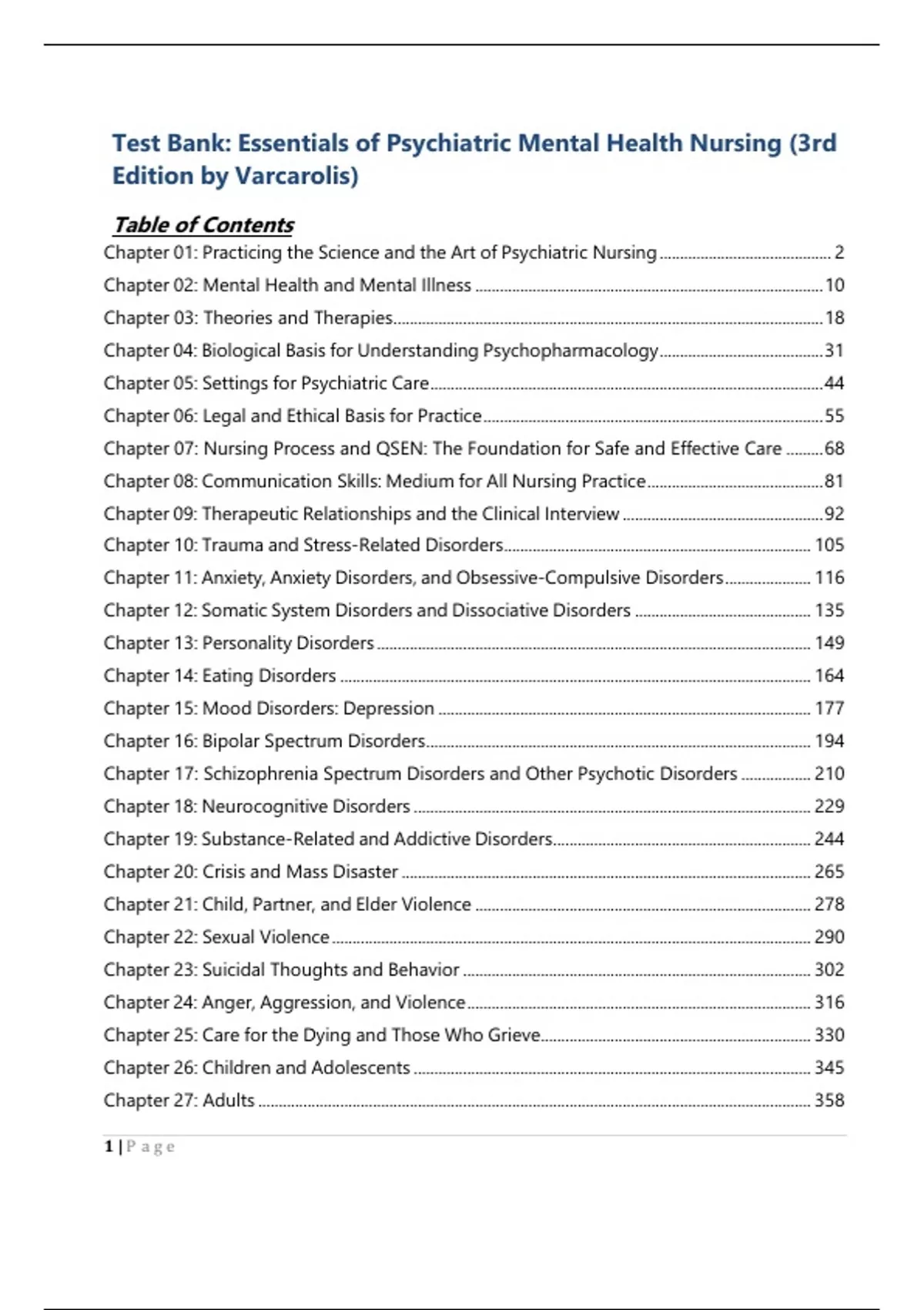 TEST BANK VARCAROLIS ESSENTIALS OF PSYCHIATRIC MENTAL HEALTH NURSING ...