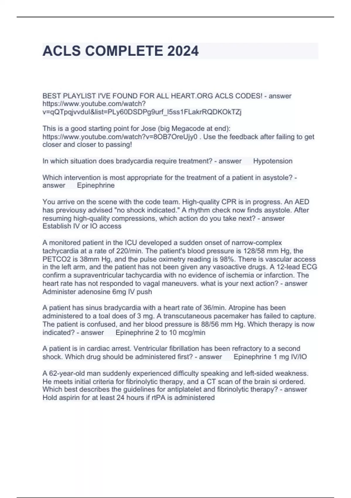 ACLS COMPLETE 2024 QUESTIONS AND ANSWERS 2024 - Acls - Stuvia US
