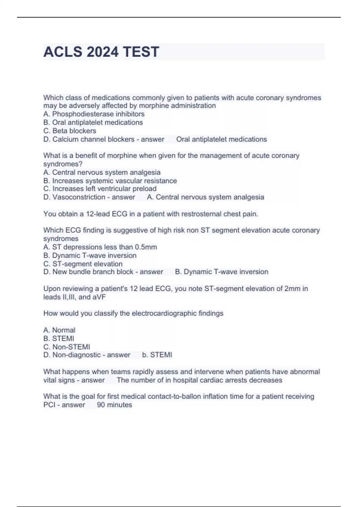 ACLS 2024 TEST QUESIONS AND ANSWERS 100% CORRECT - Acls - Stuvia US