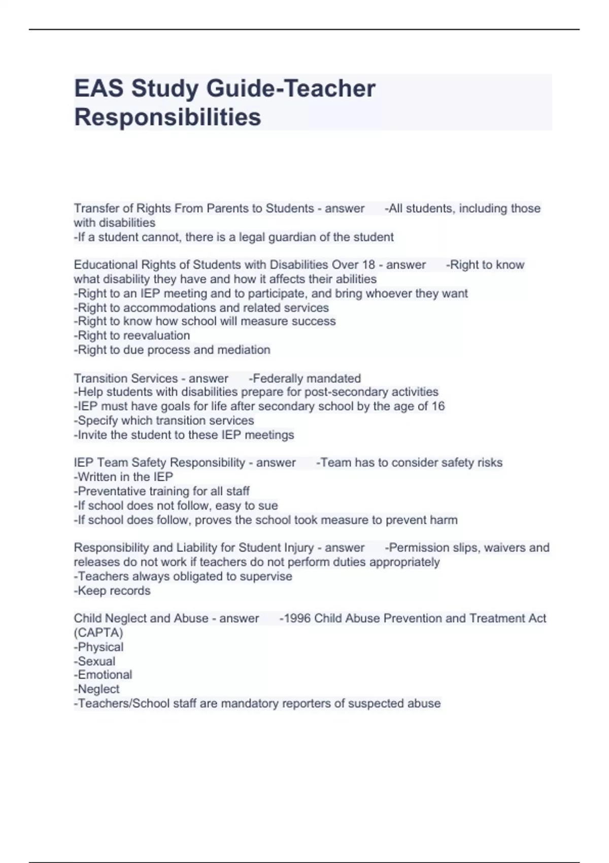 EAS Study Guide-Teacher Responsibilities Questions with complete ...