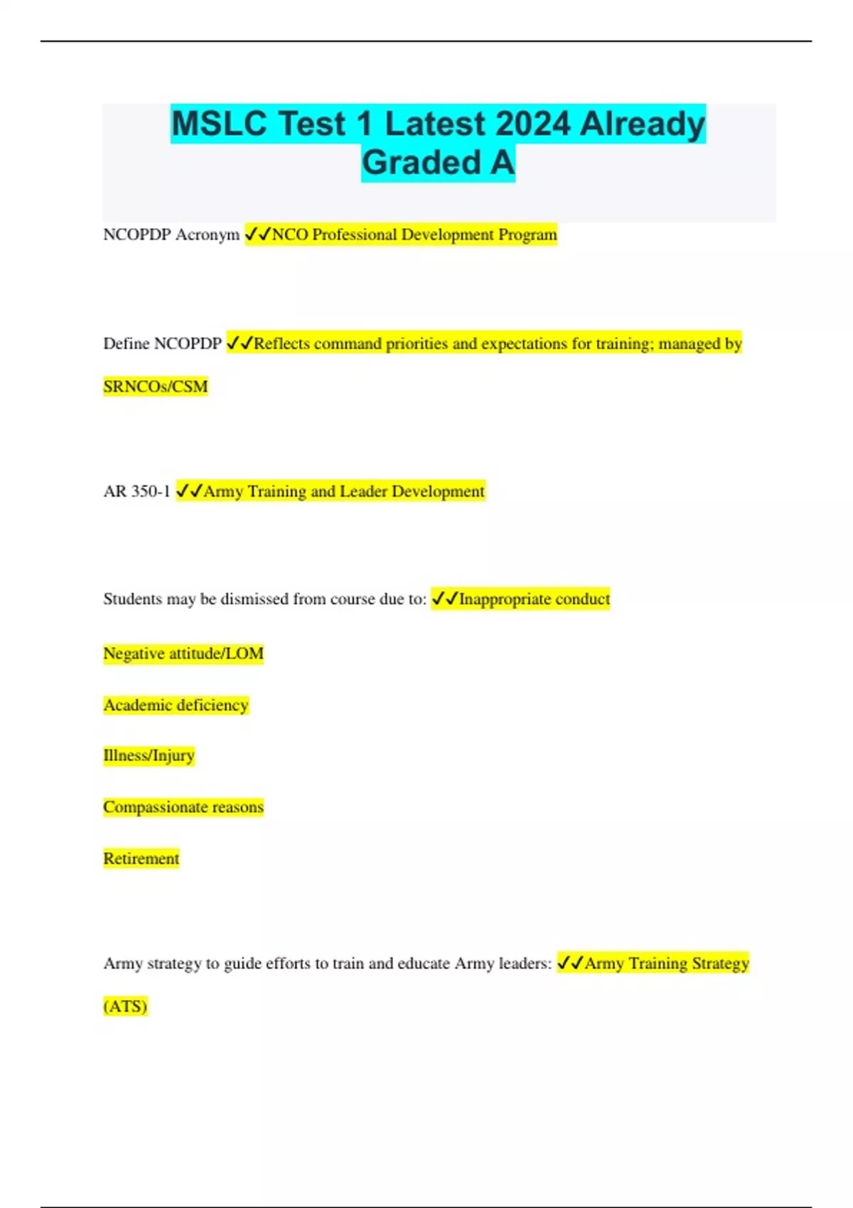 MSLC Test 1 Latest 2024 Already Graded A - MSLC - Stuvia US