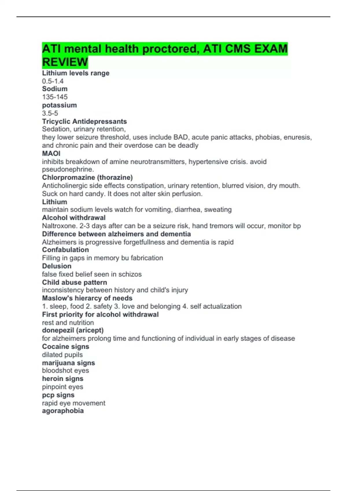 ATI mental health proctored, ATI CMS EXAM REVIEW - ATI CMS - Stuvia US