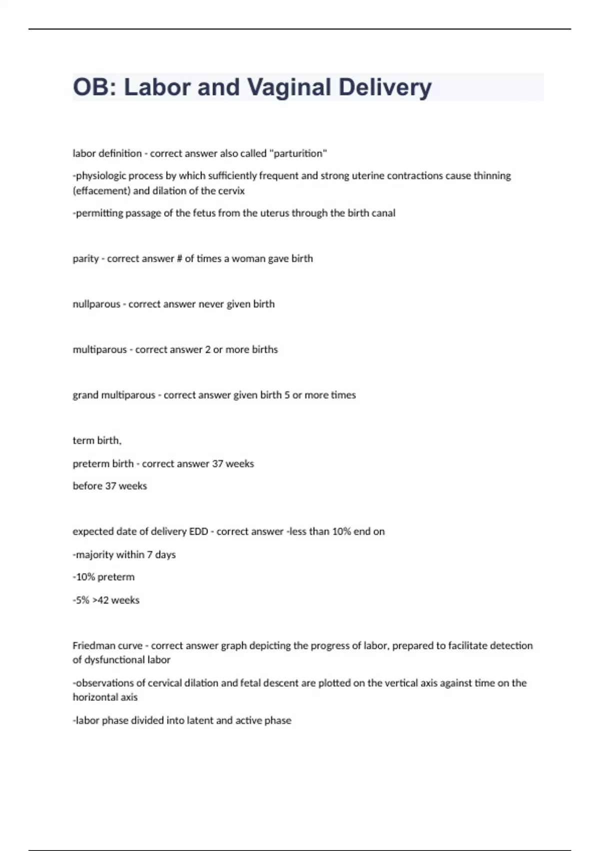 OB: Labor and Vaginal Delivery correctly answered 2023/2024 - AWHONN ...