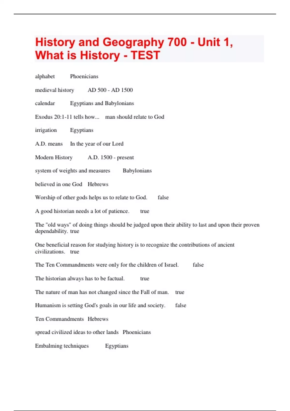 History and Geography 700 - Unit 1, What is History - TEST - History ...