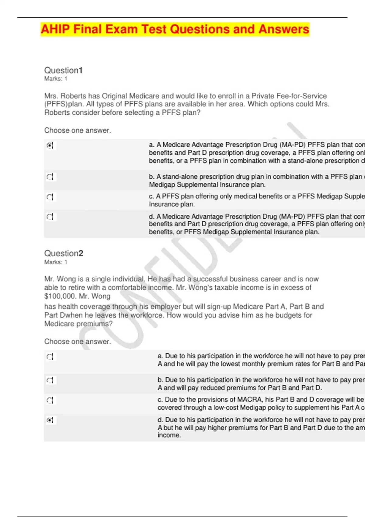 AHIP Final Exam Test Questions and Answers Question1 Marks: 1 - AHIP ...