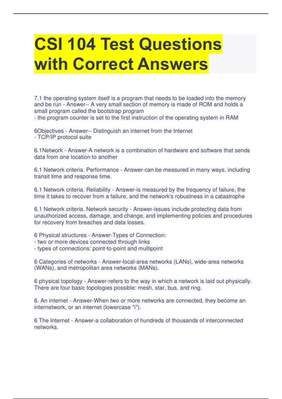 CSI 104 Test Questions with Correct Answers - CSI 104 - Stuvia US