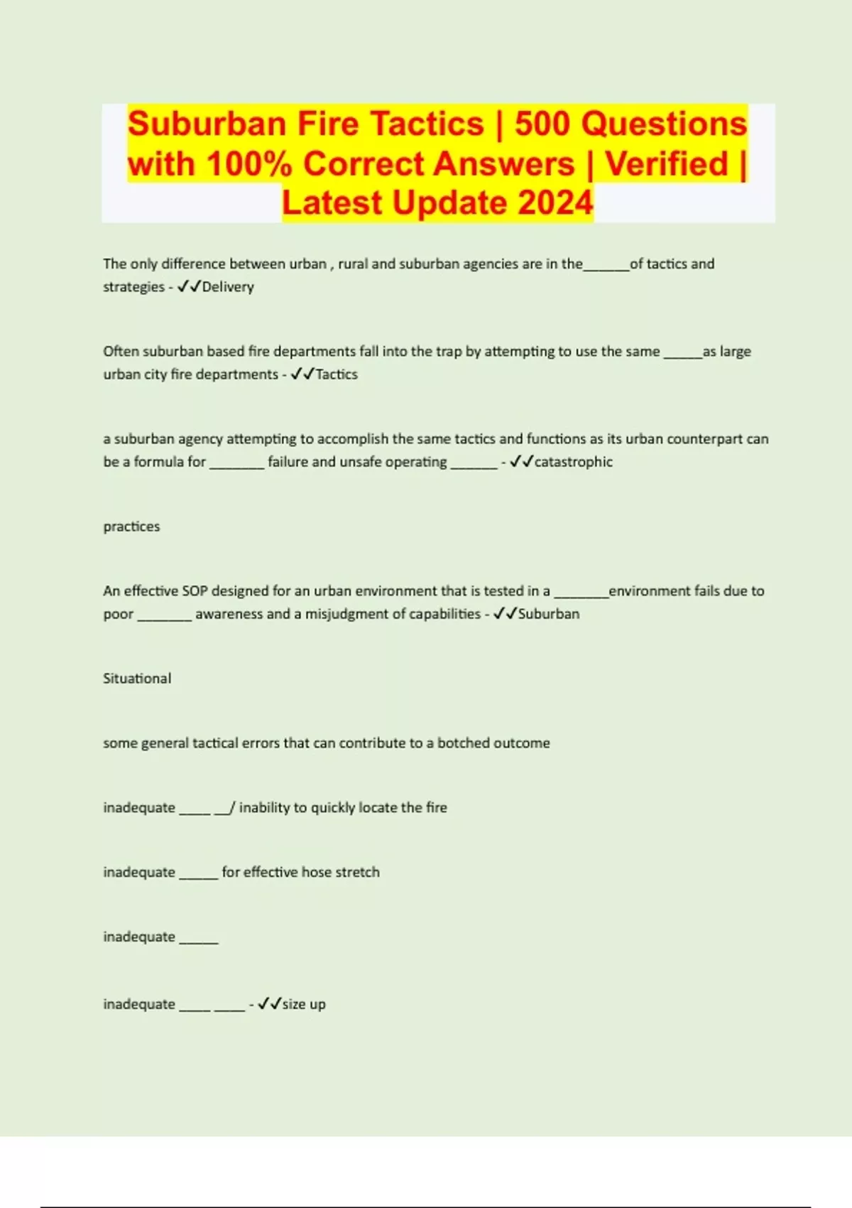 Suburban Fire Tactics | 500 Questions with 100% Correct Answers ...