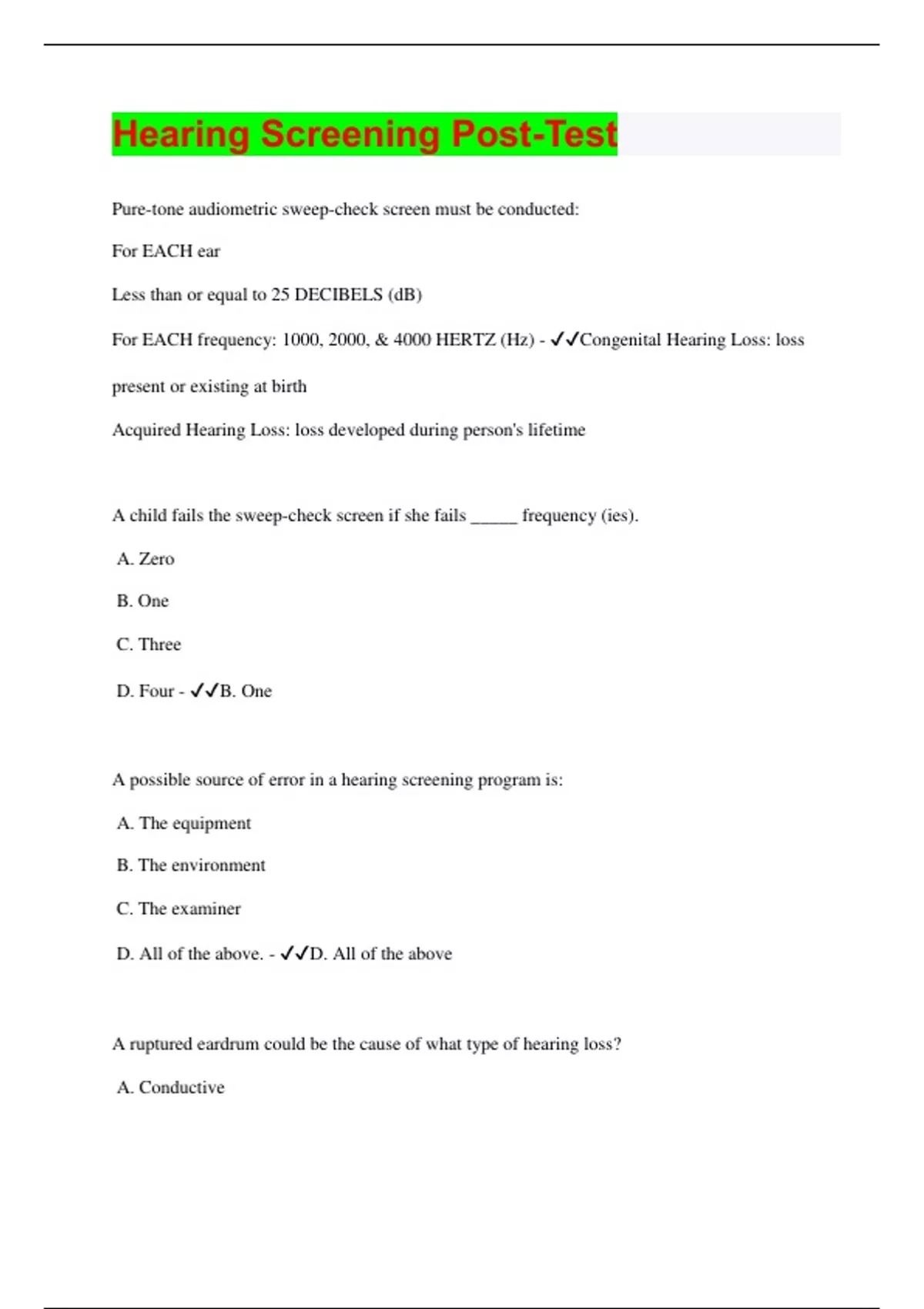 Hearing Screening Post-Test Questions with 100% Correct Answers ...