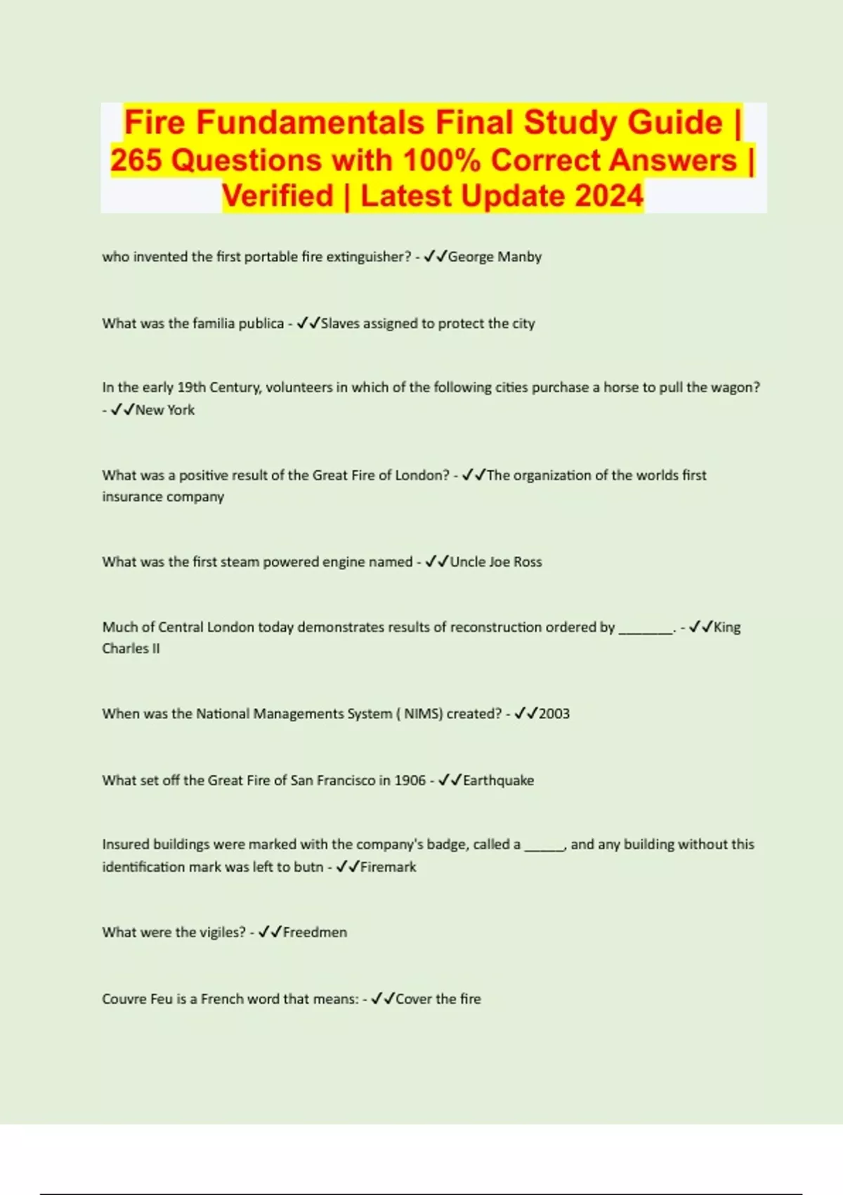 Fire Fundamentals Final Study Guide | 265 Questions with 100% Correct ...
