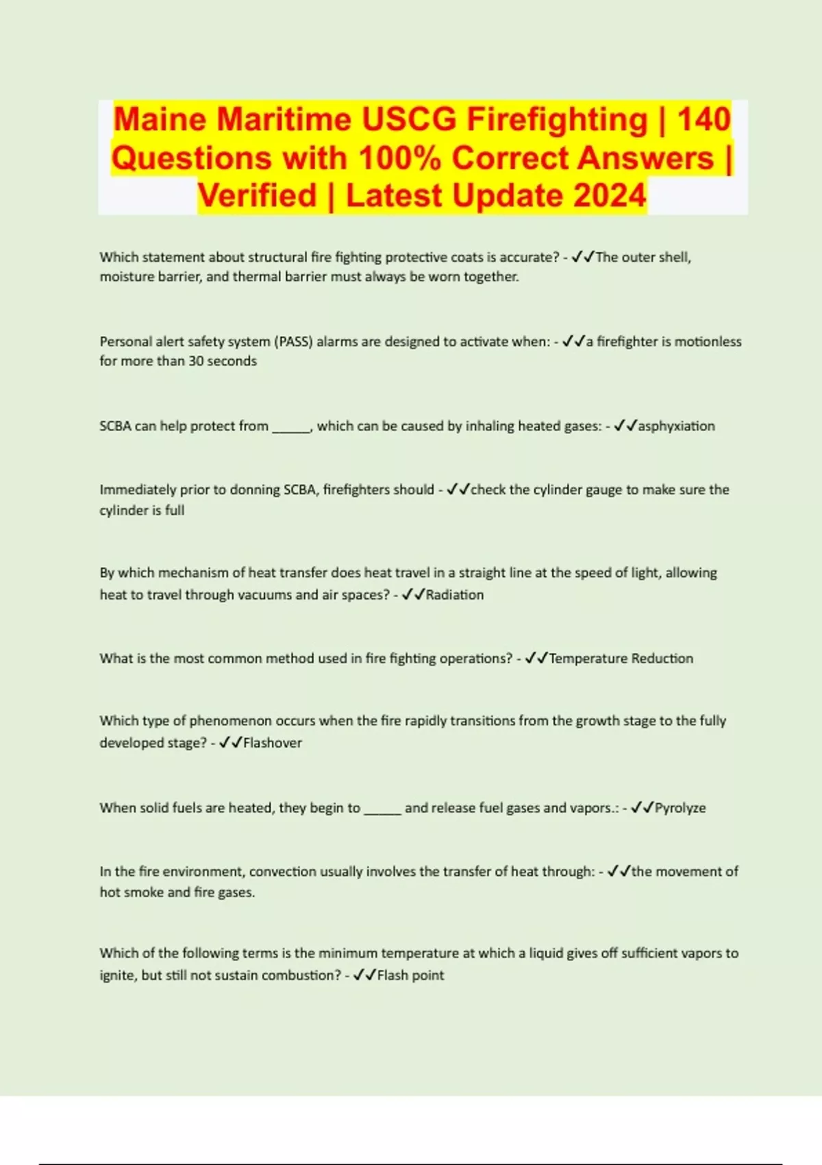 Maine Maritime USCG Firefighting | 140 Questions with 100% Correct ...