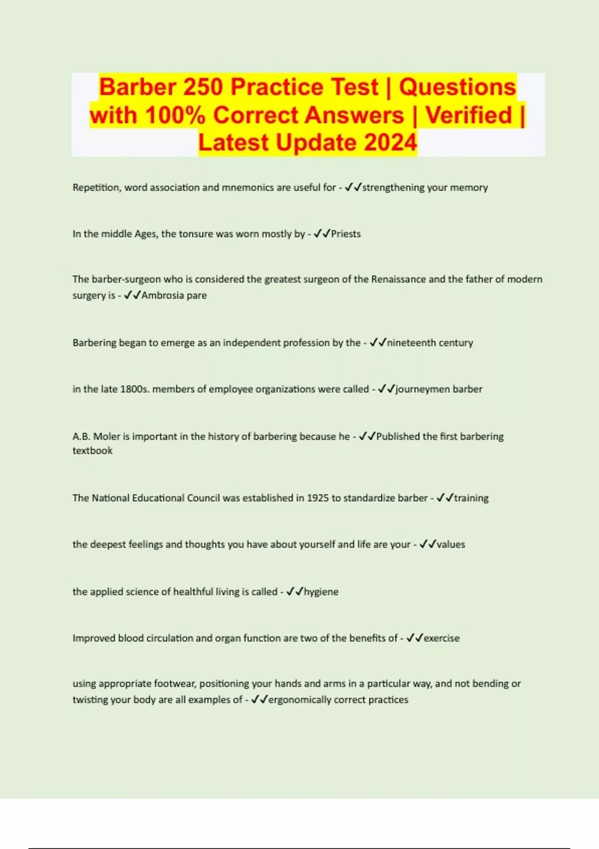 Barber 250 Practice Test | Questions with 100% Correct Answers ...