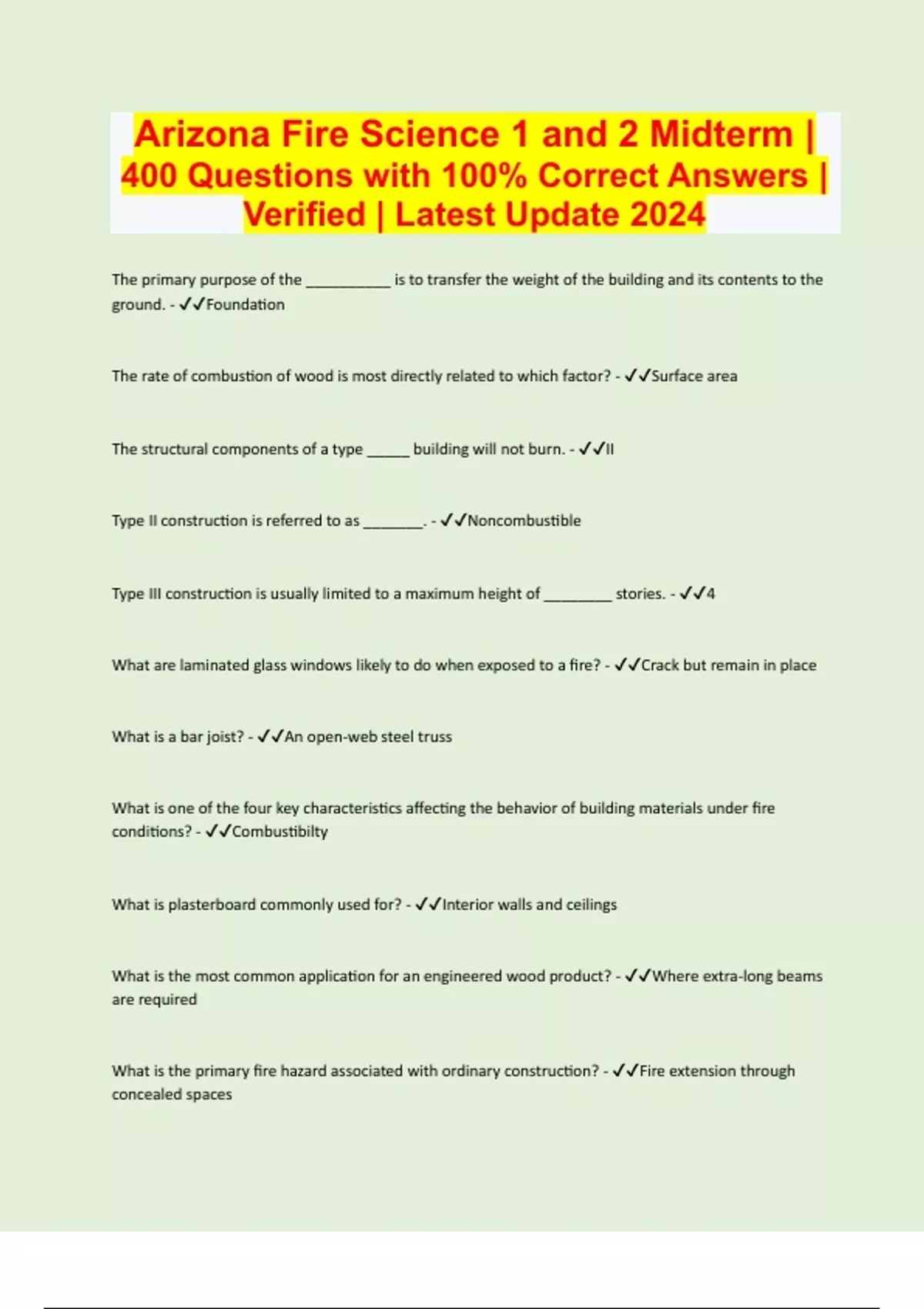 Arizona Fire Science 1 and 2 Midterm | 400 Questions with 100% Correct ...