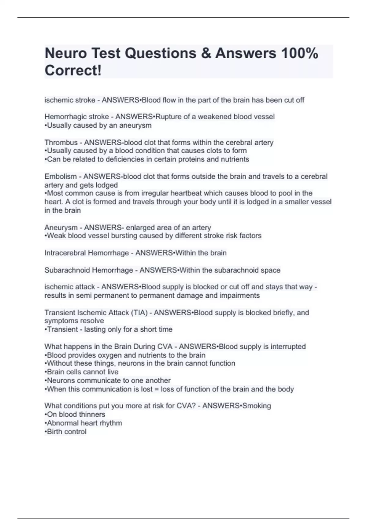 Neuro Test Questions & Answers 100% Correct! - Neuro - Stuvia US