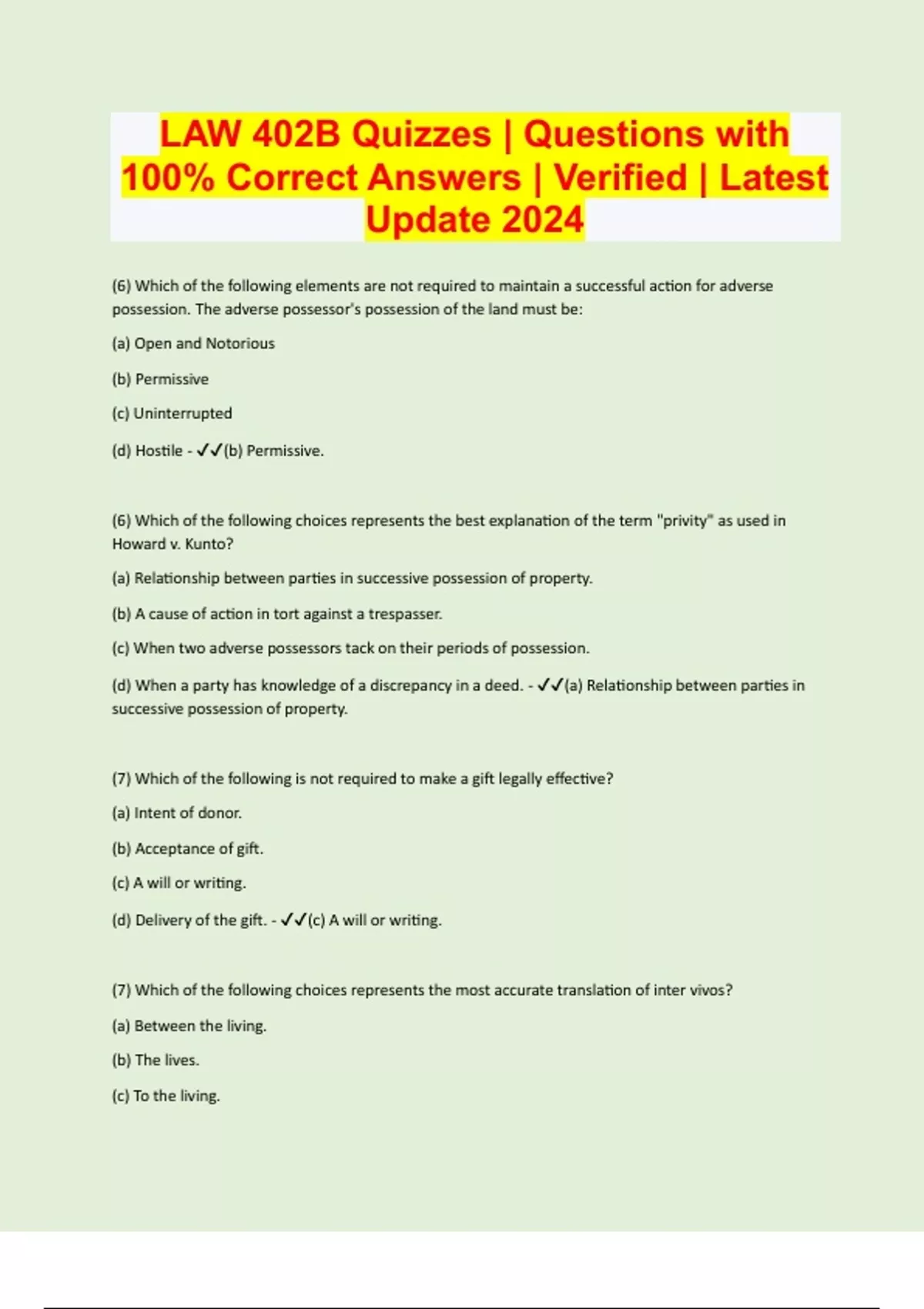 LAW 402B Quizzes | Questions with 100% Correct Answers | Verified ...