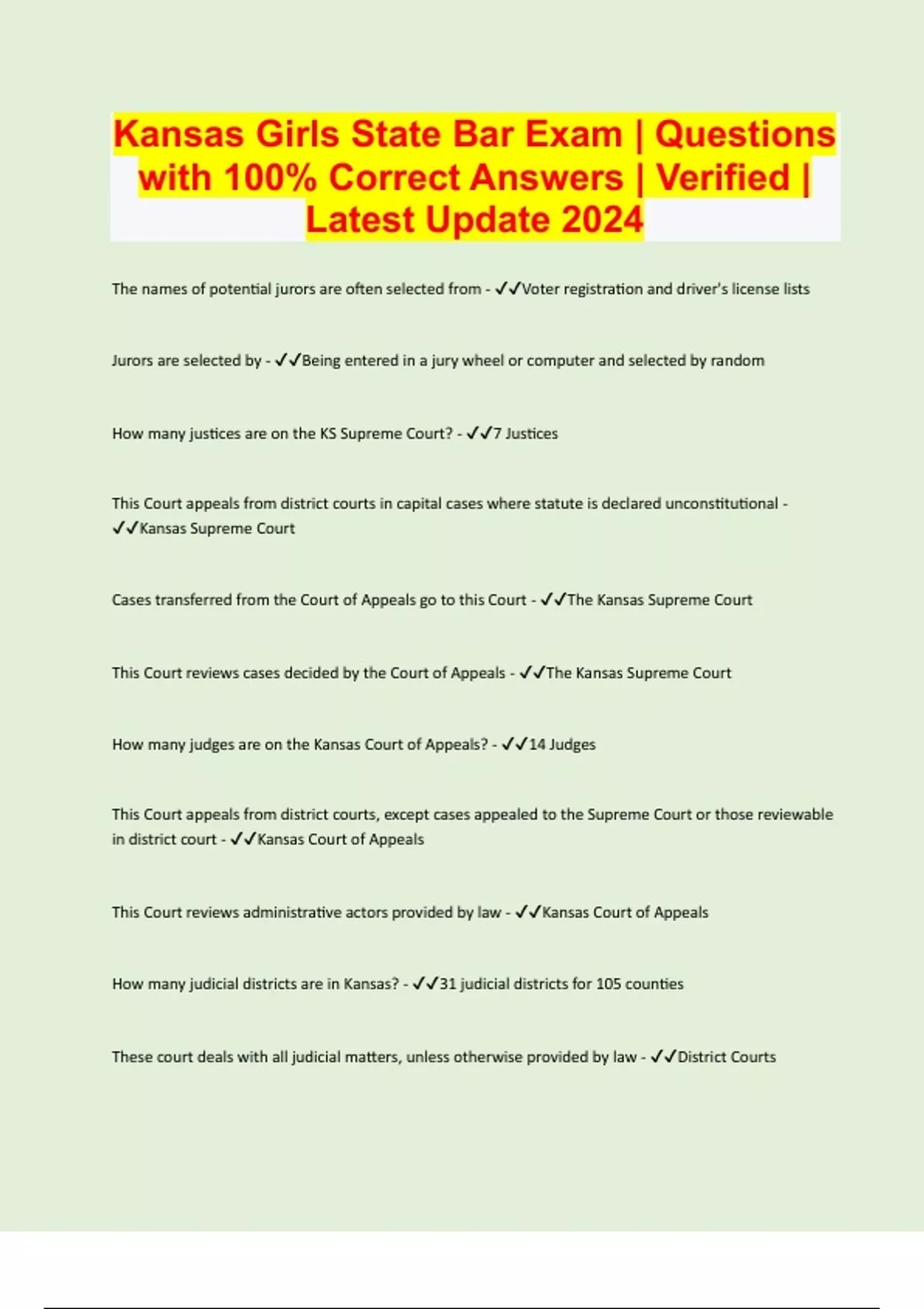 Kansas Girls State Bar Exam | Questions with 100% Correct Answers ...