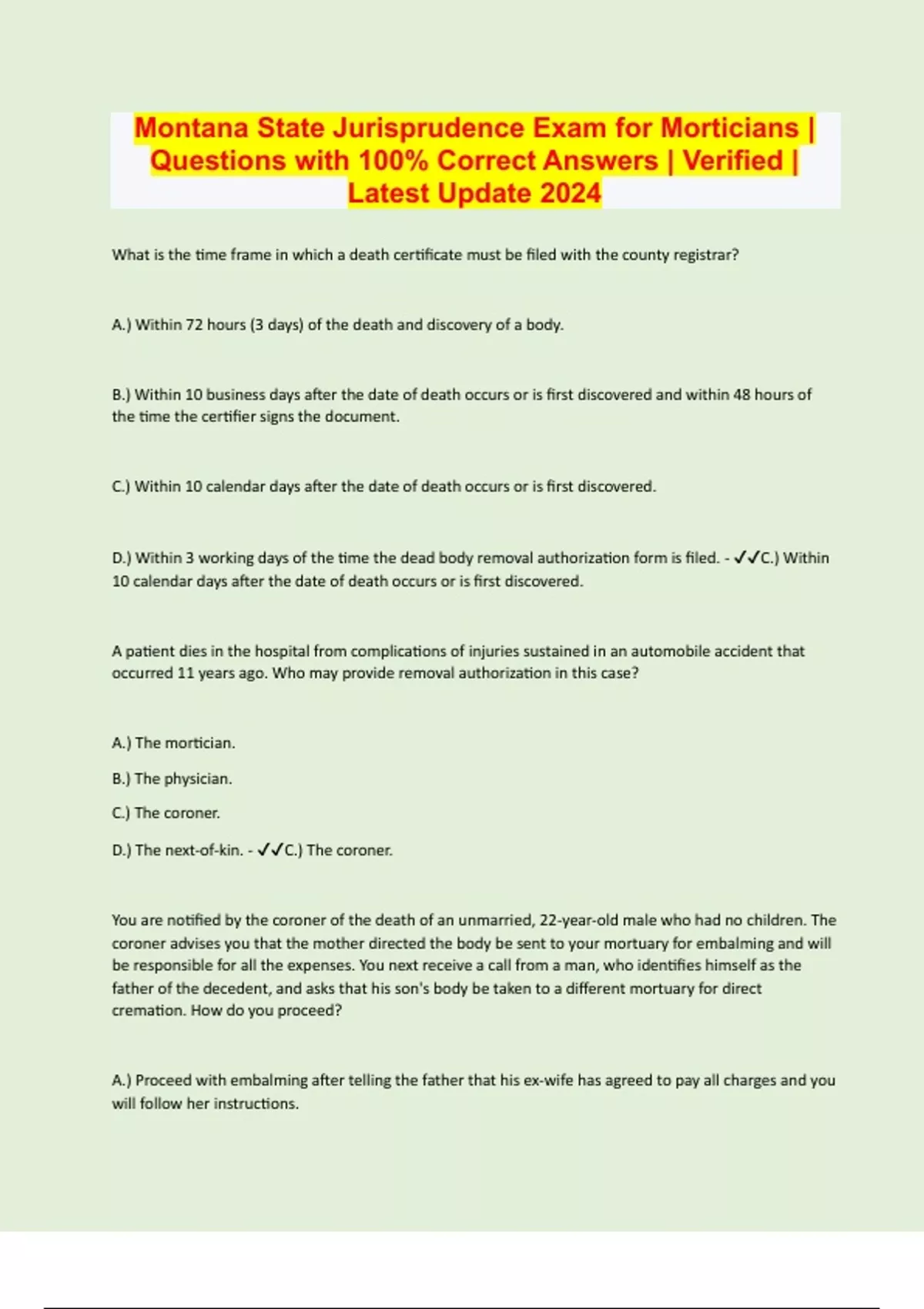 Montana State Jurisprudence Exam for Morticians | Questions with 100% ...