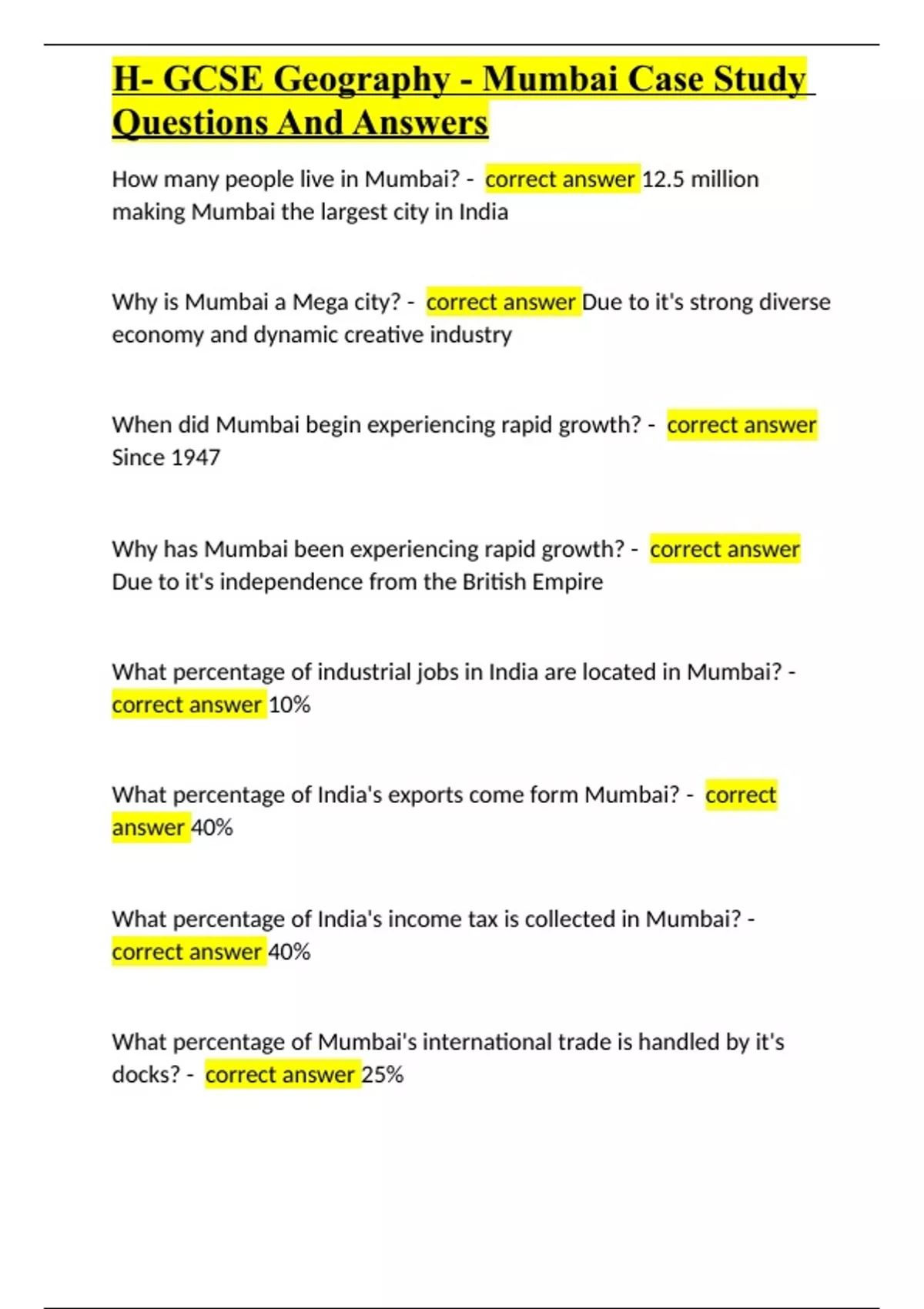 H- GCSE Geography - Mumbai Case Study Questions And Answers - H- GCSE ...