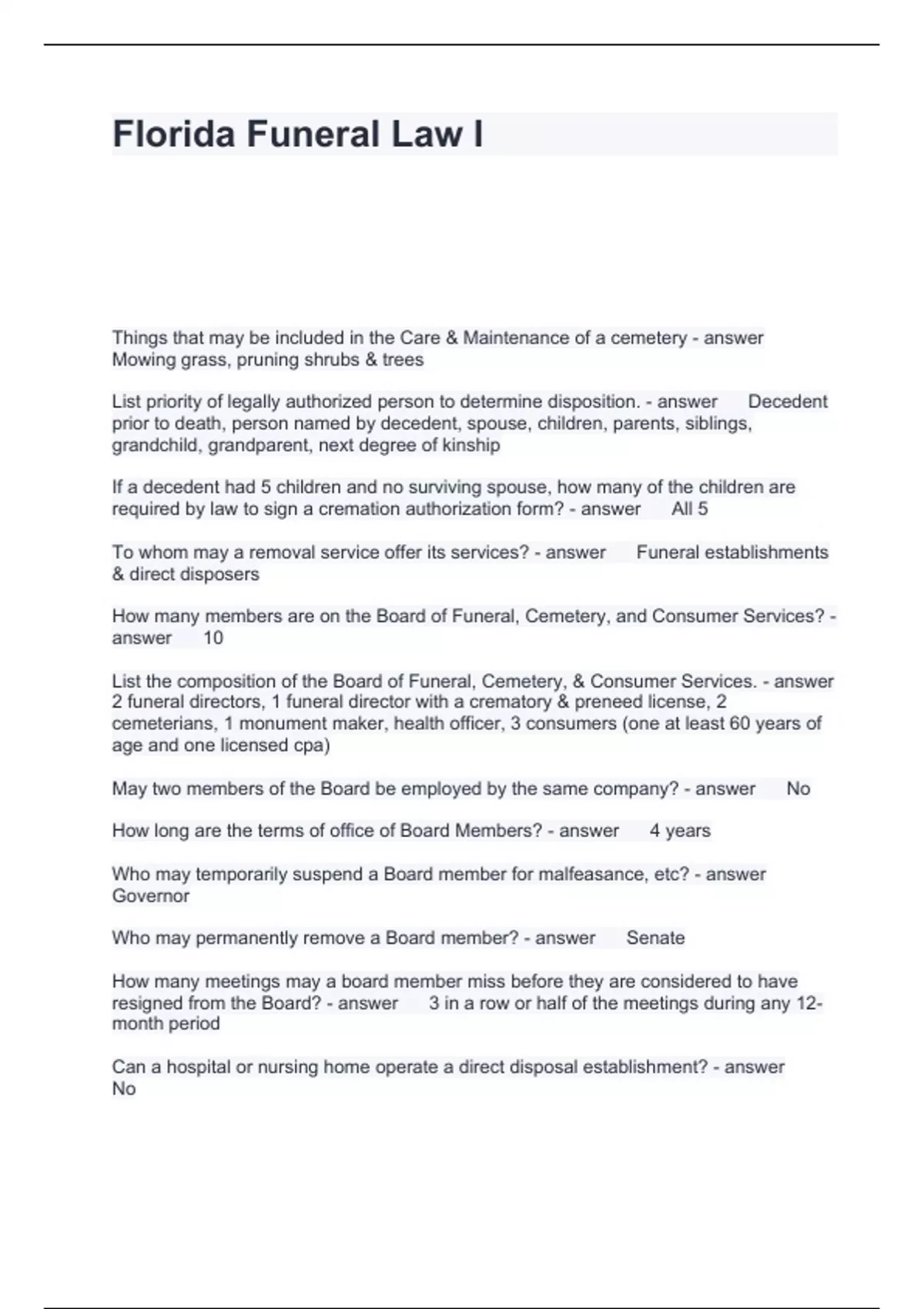 Florida Funeral Law I Questions and Answers Latest Updated 2024 ...