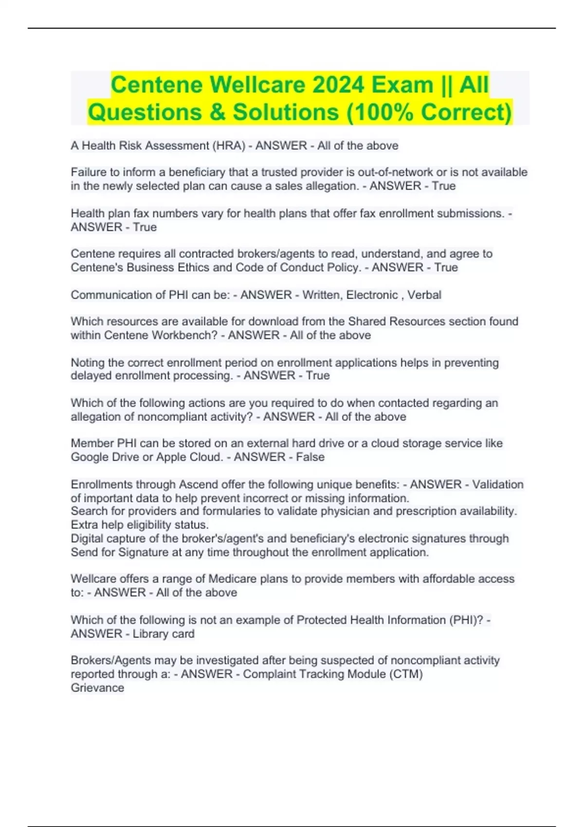 Centene Wellcare 2024 Exam || All Questions & Solutions (100% Correct ...