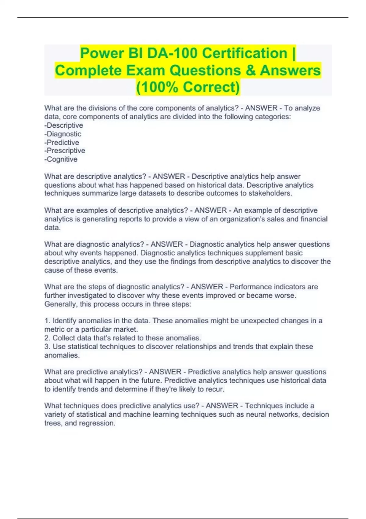 Power BI DA-100 Certification | Complete Exam Questions & Answers (100% ...