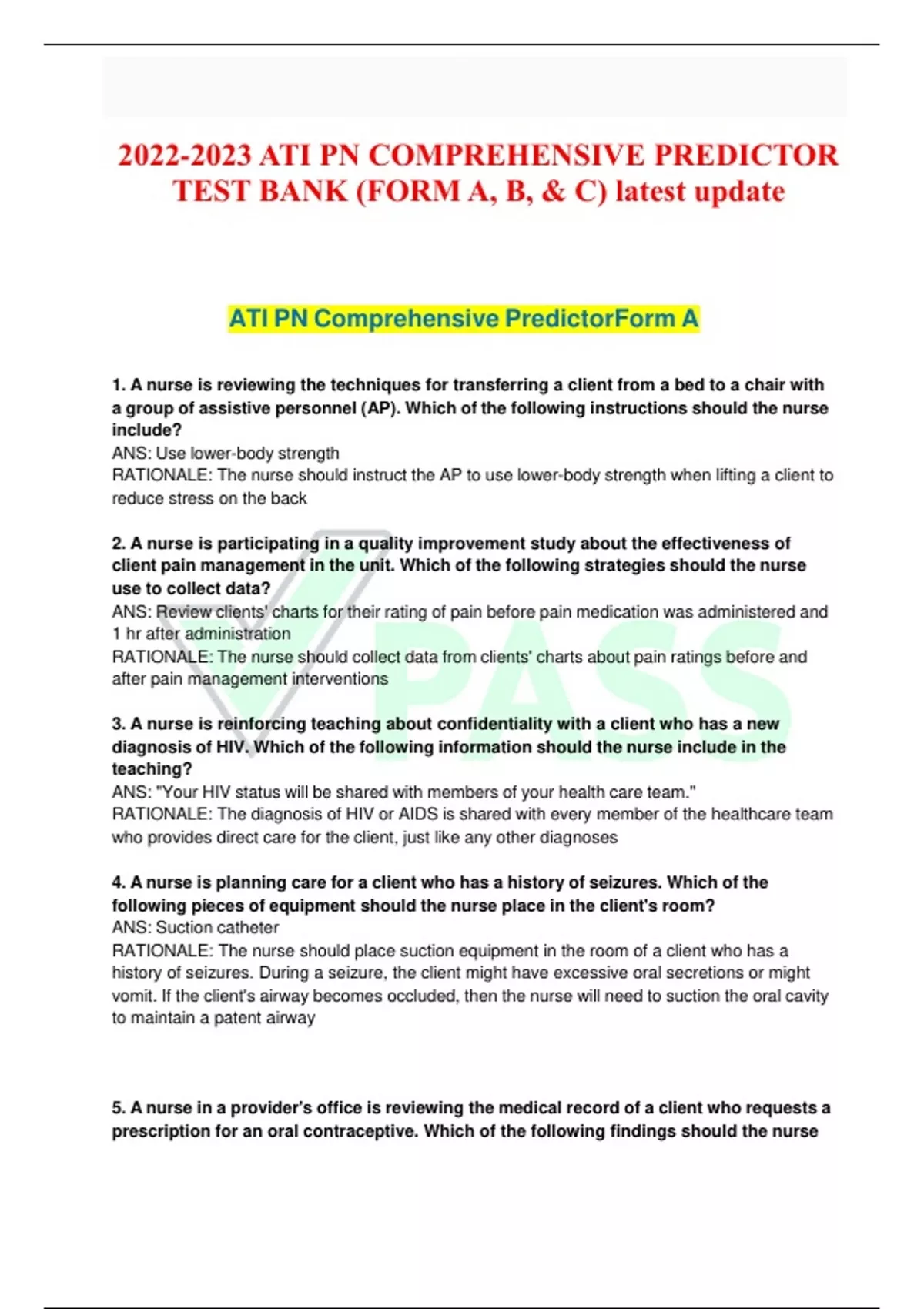 ATI PN COMPREHENSIVE PREDICTOR TEST BANK (FORM A, B, & C) latest update ...