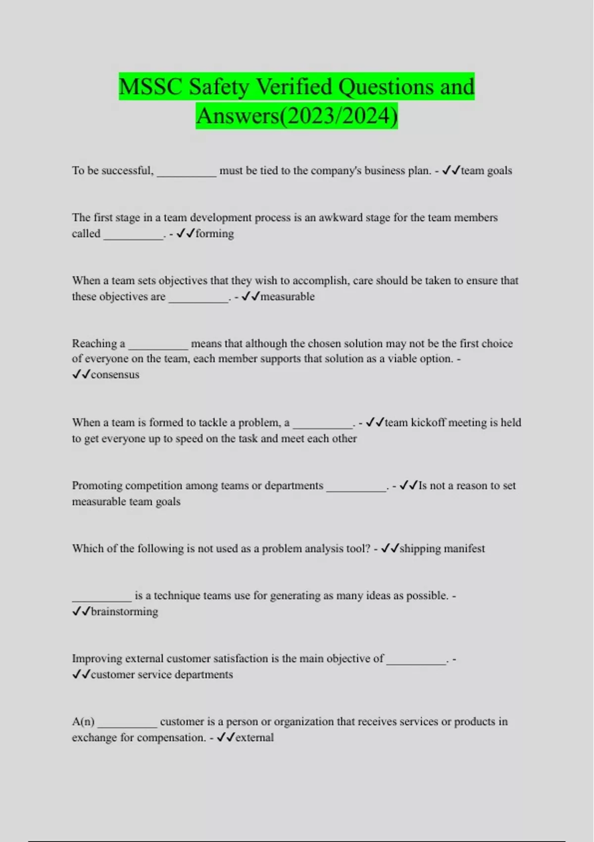 MSSC Safety Verified Questions and Answers(2023/2024) - MSSC - Stuvia US