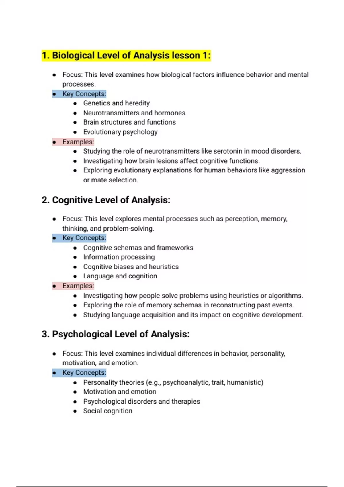 Biological Level of Analysis lesson 1 - Psychology - Stuvia US