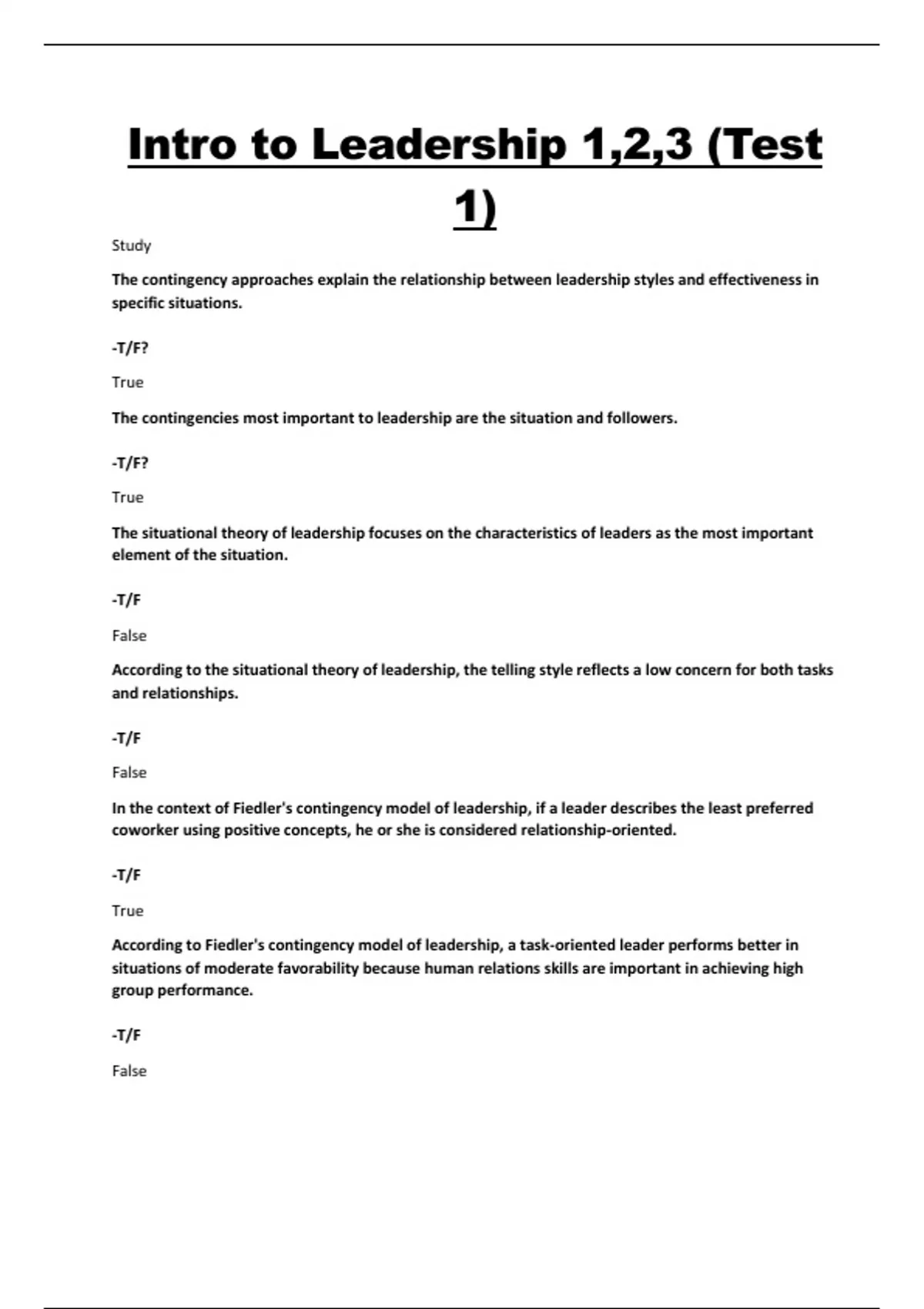 Intro to Leadership 1,2,3 (Test 1) (Questions & Answers) (Latest ...