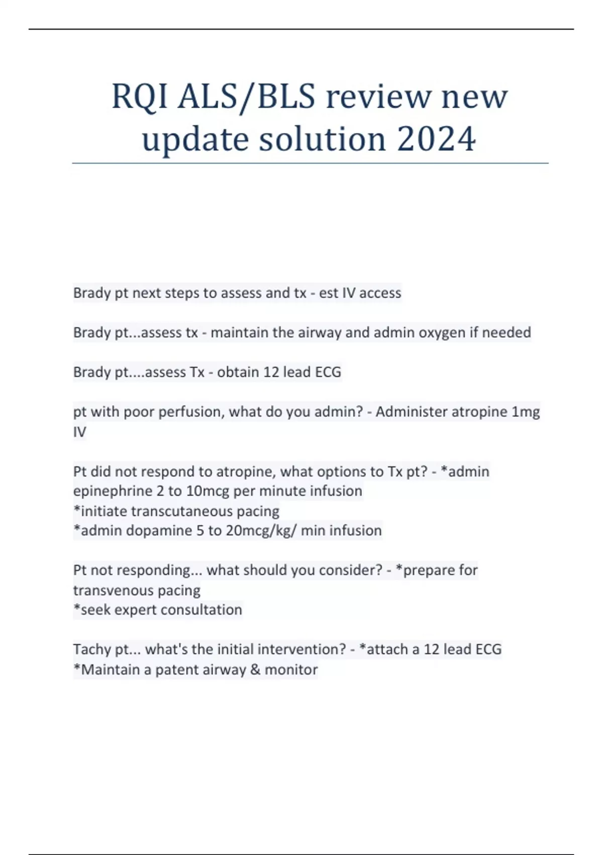 RQI ALS or BLS review new update solution 2024 - RQI ALS or BLS - Stuvia US