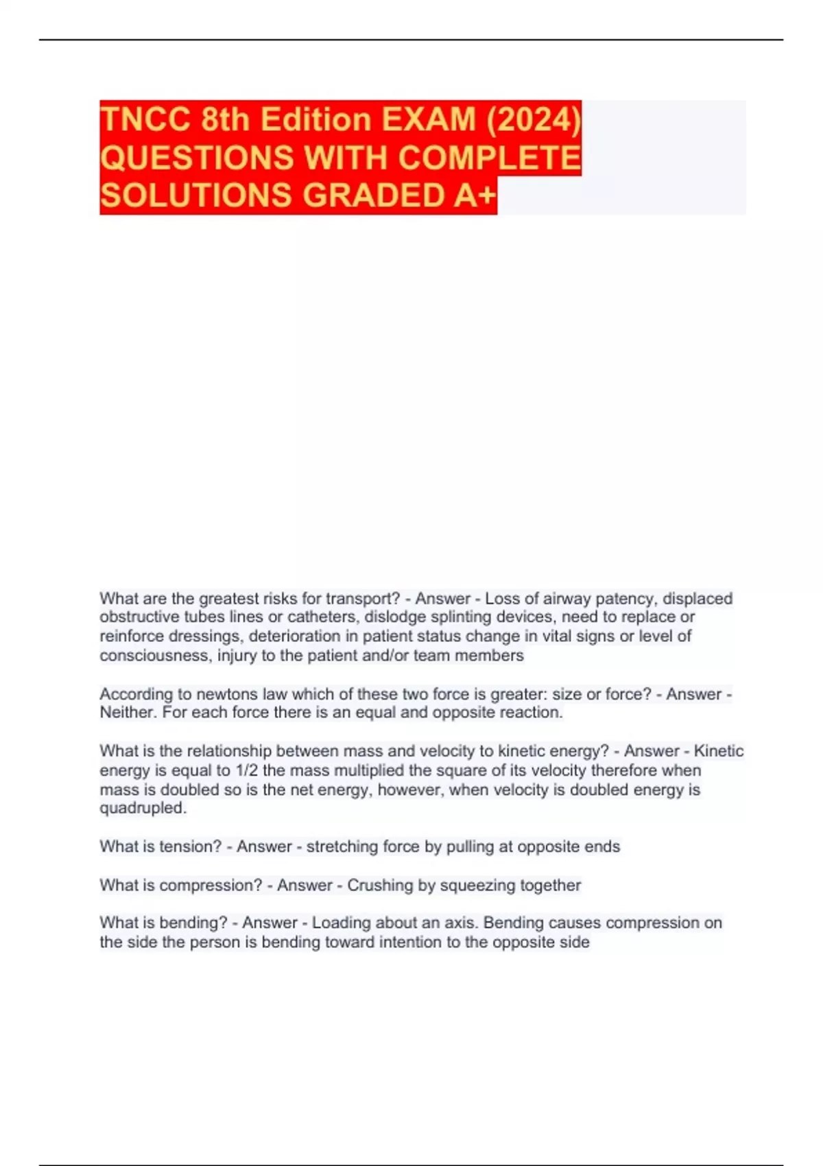 TNCC 8th Edition EXAM (2024) QUESTIONS WITH COMPLETE SOLUTIONS GRADED ...