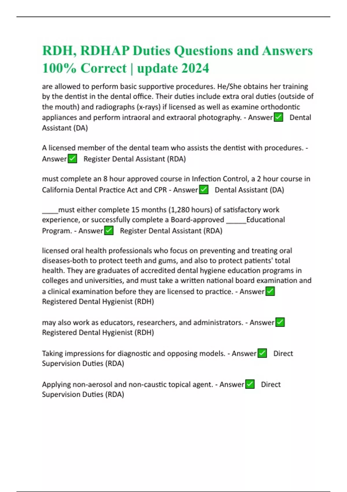 RDH, RDHAP Duties Questions and Answers 100% Correct | update 2024 ...