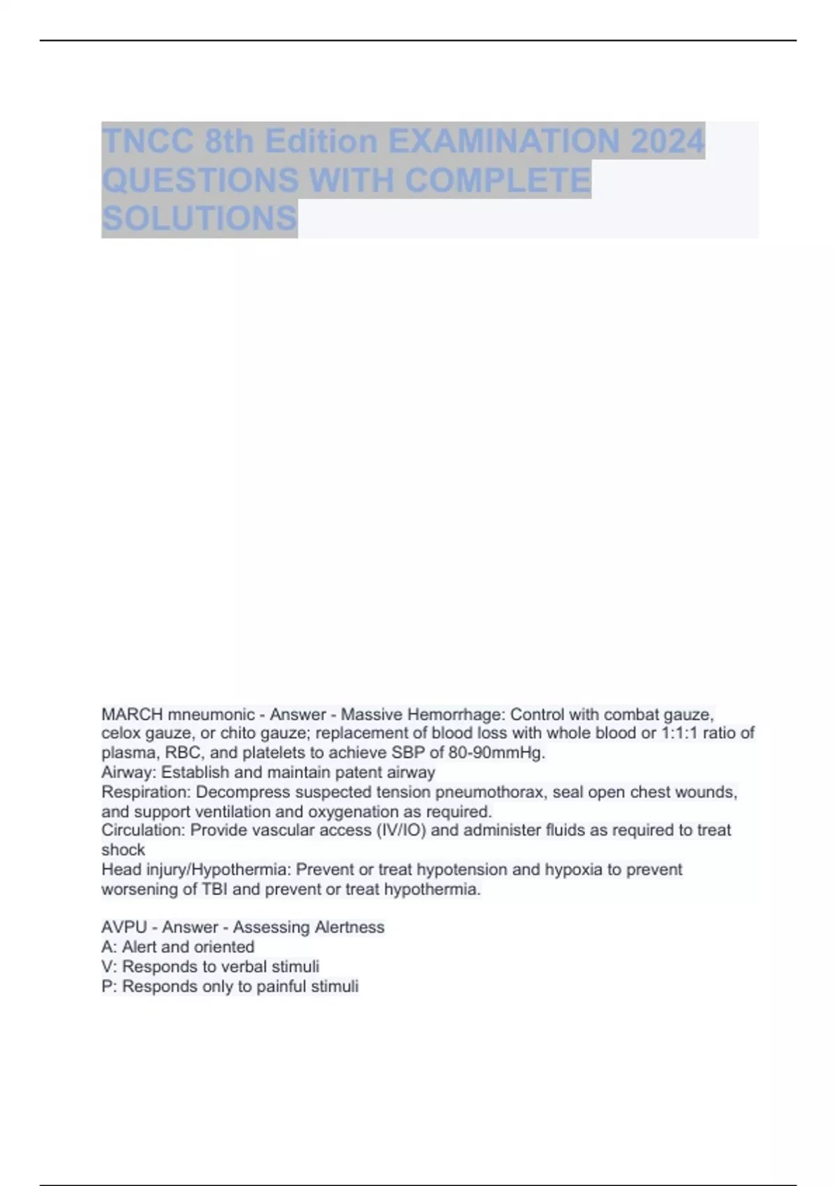 TNCC 8th Edition EXAMINATION 2024 QUESTIONS WITH COMPLETE SOLUTIONS ...