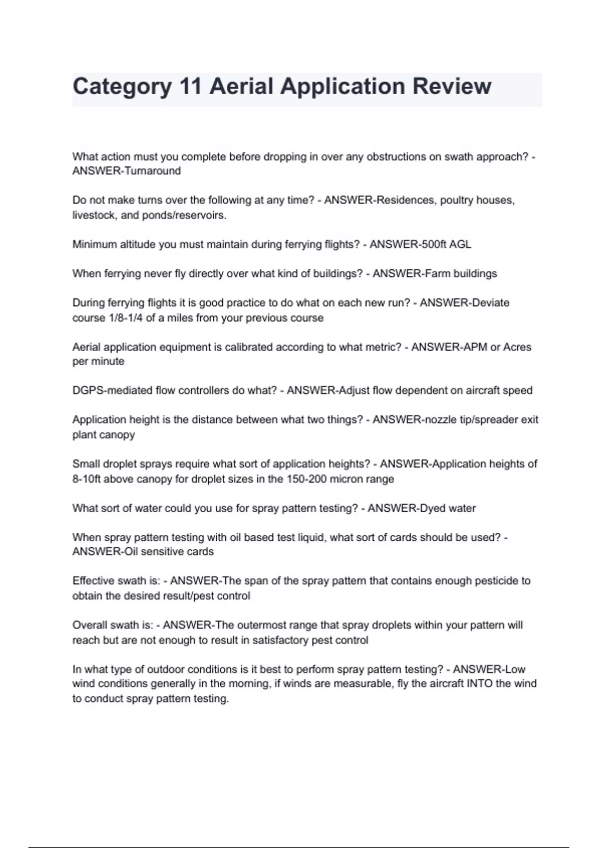 Category 11 Aerial Application Review QUESTIONS AND CORRECT ANSWERS ...