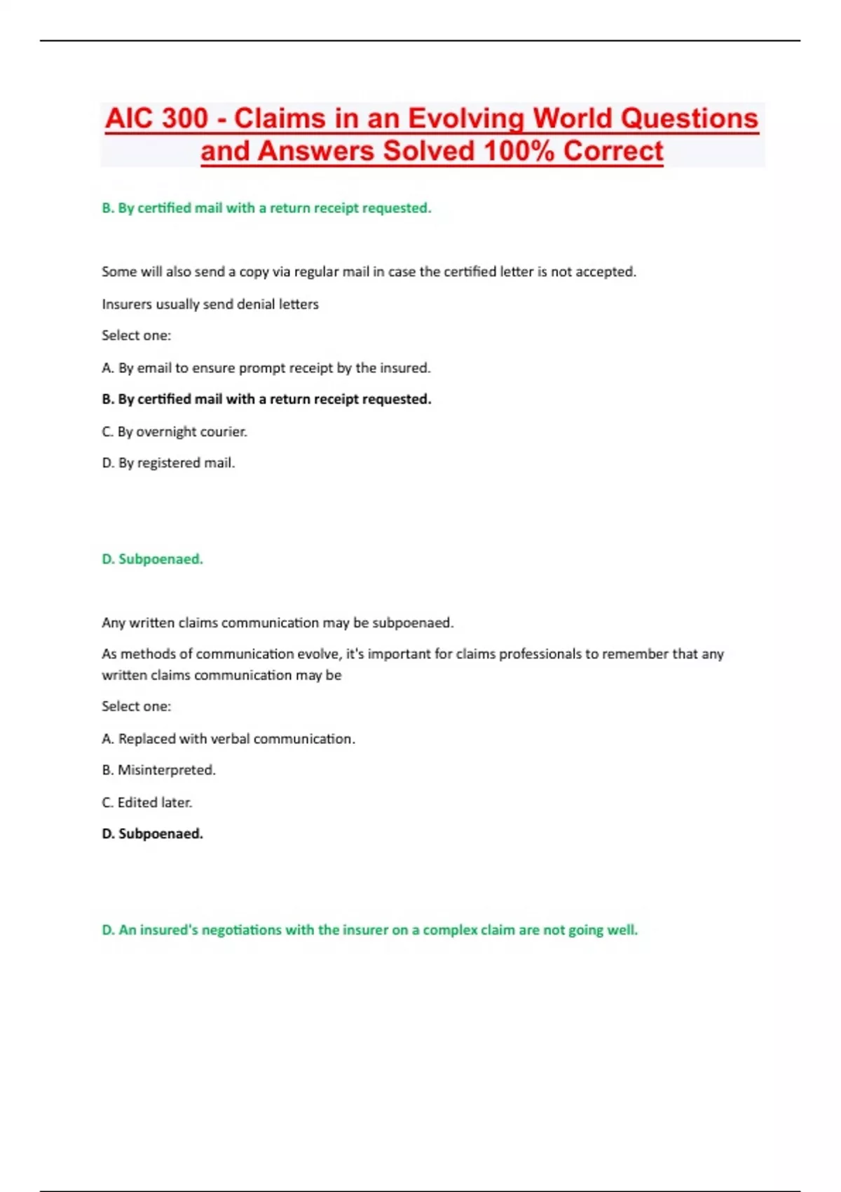 AIC 300 - Claims in an Evolving World Questions and Answers Solved 100% ...