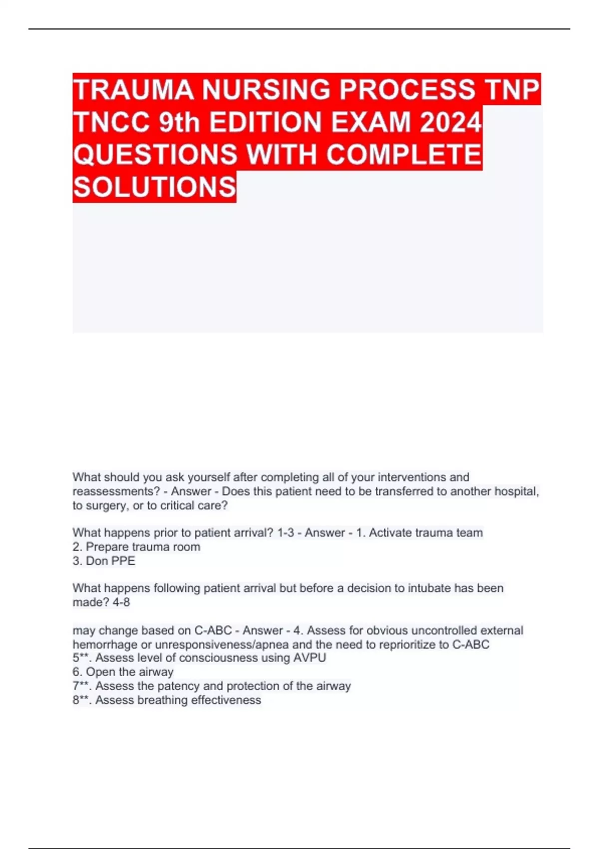 TRAUMA NURSING PROCESS TNP TNCC 9th EDITION EXAM 2024 QUESTIONS WITH COMPLETE SOLUTIONS - TNCC ...