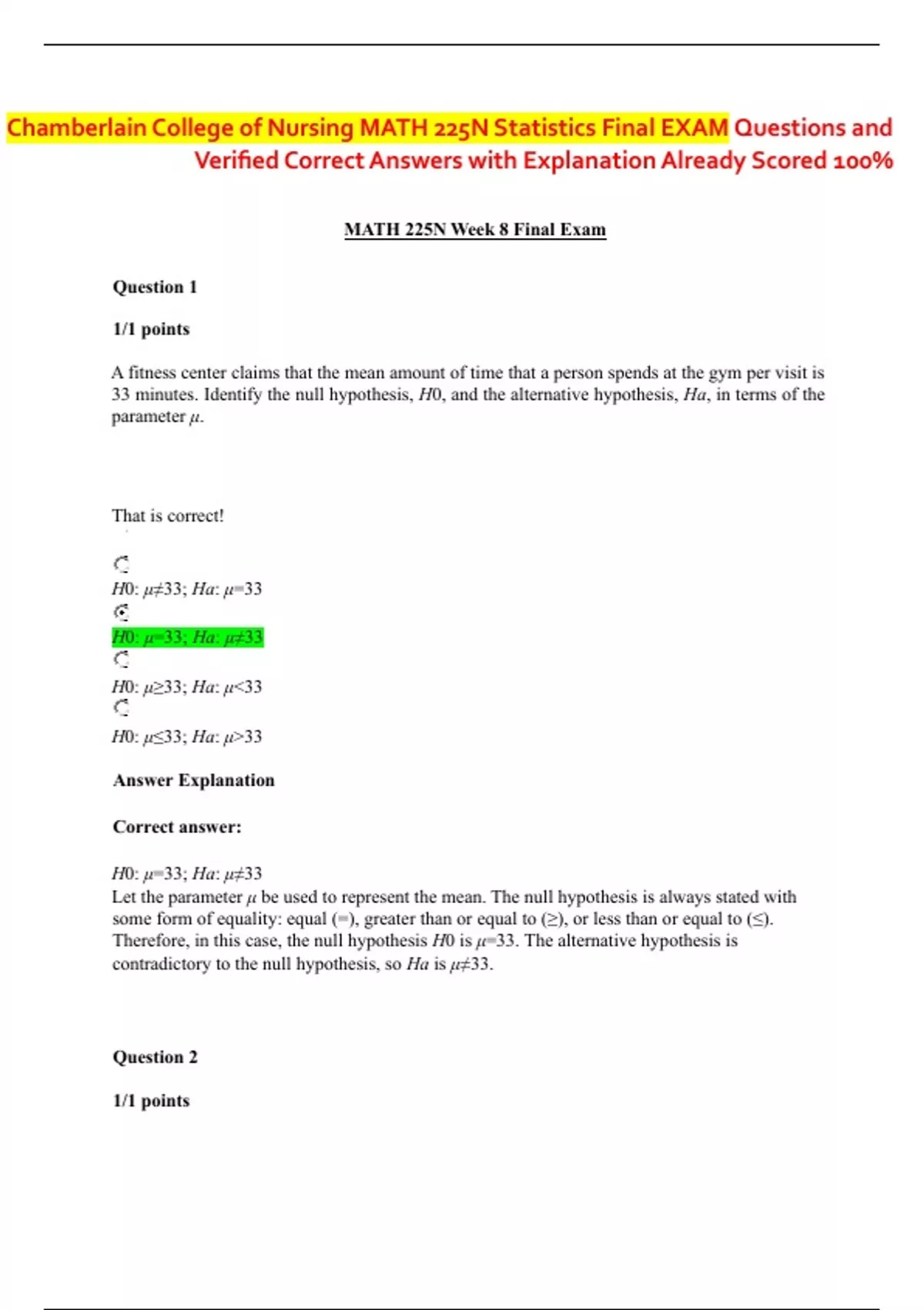 Chamberlain College of Nursing MATH 225N Statistics Final EXAM ...