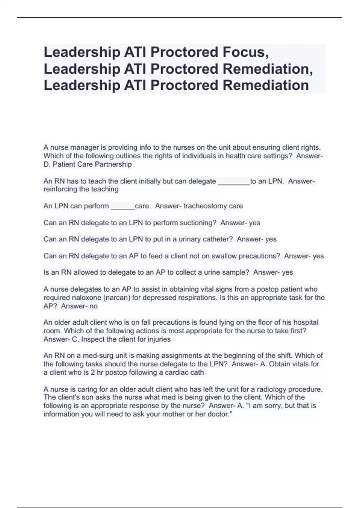 Leadership ATI Proctored Focus, Leadership ATI Proctored Remediation ...