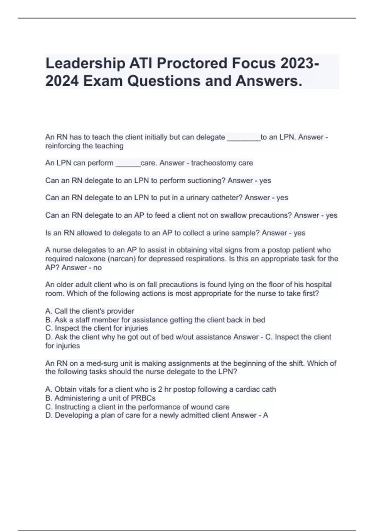 Leadership ATI Proctored Focus Exam Questions and Answers - ATI ...