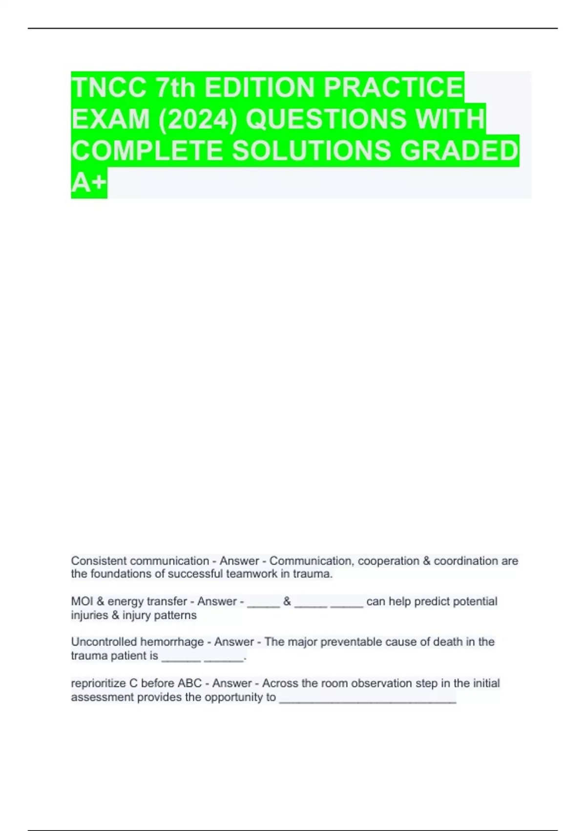TNCC 7th EDITION PRACTICE EXAM (2024) QUESTIONS WITH COMPLETE SOLUTIONS ...