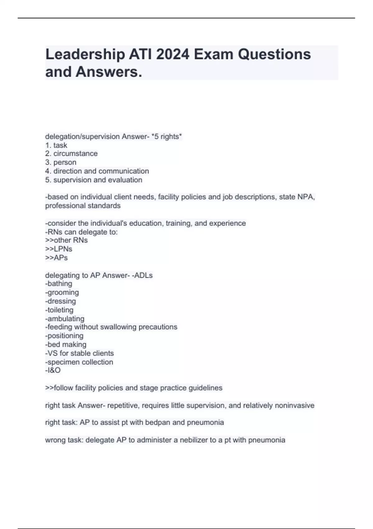 Leadership ATI 2024 Exam Questions and Answers - ATI LEADERSHIP - Stuvia US