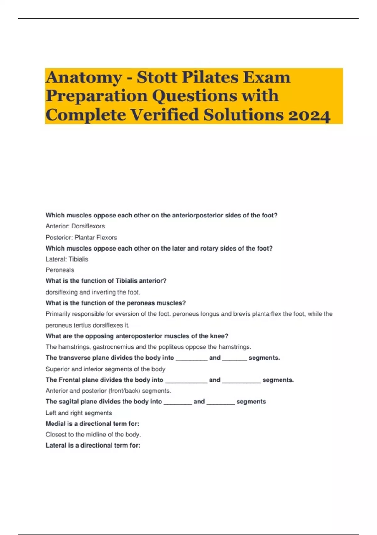Anatomy - Stott Pilates Exam Preparation Questions with Complete ...