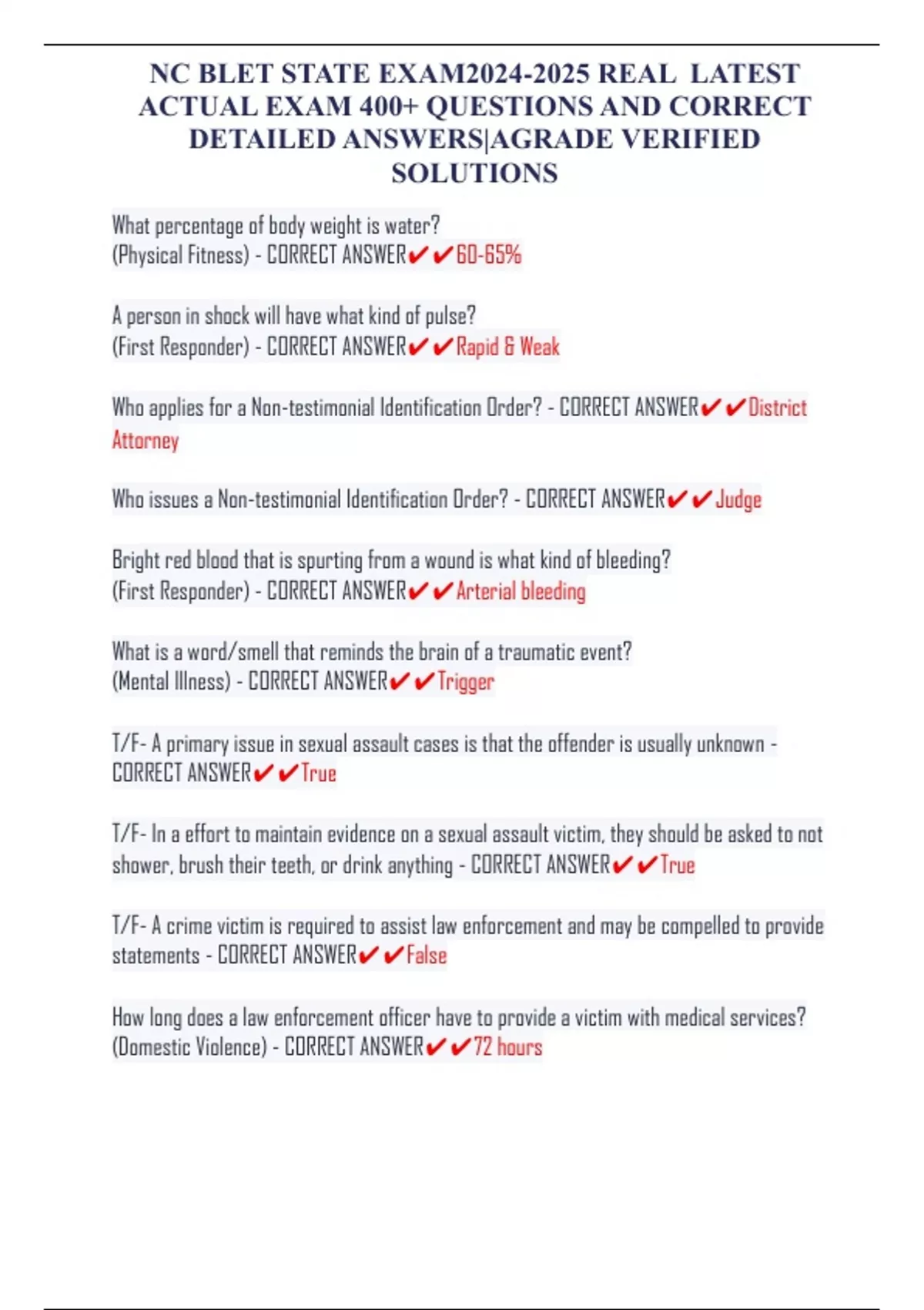NC BLET STATE EXAM REAL LATEST ACTUAL EXAM 400+ QUESTIONS AND CORRECT ...